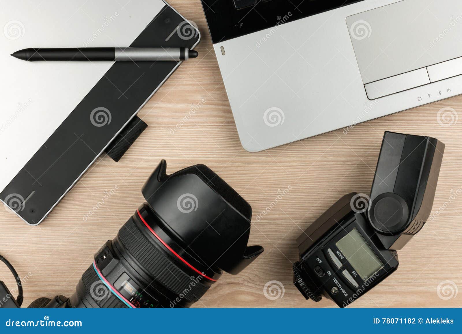 Working Table Photographer Top View, Wooden Surface Stock Photo - Image ...