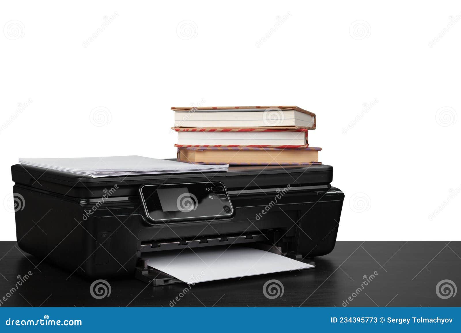 Working Table with Printer and Stacked Books on White Abckground Stock ...