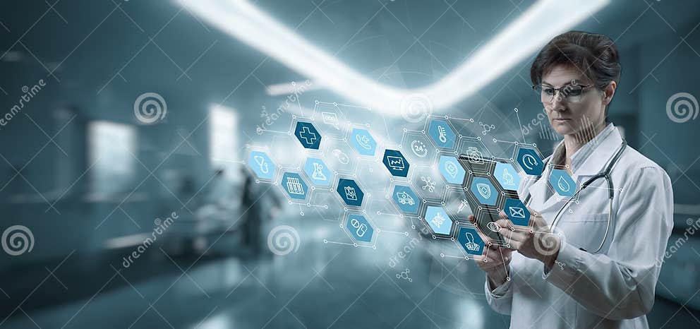 Working on Tablet Virtual Computer Screen with Interface Stock Photo ...