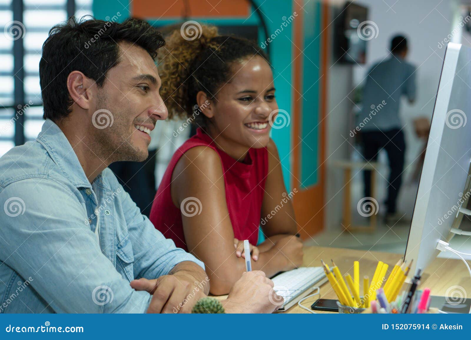 Teamwork Couple Happy with Working Together in Office with Computer ...