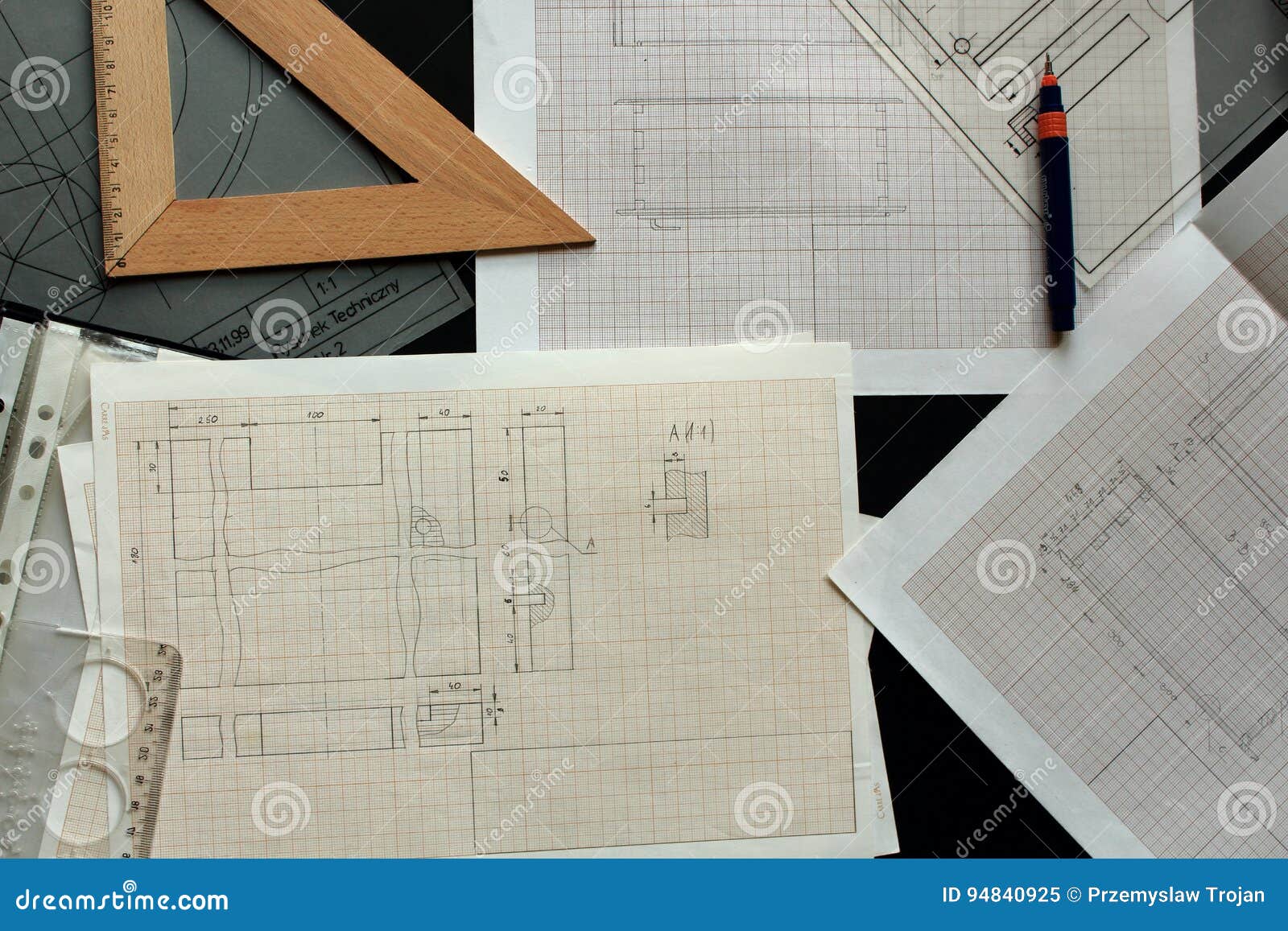Working on a Technical Drawing. Stock Image - Image of technical, angle ...