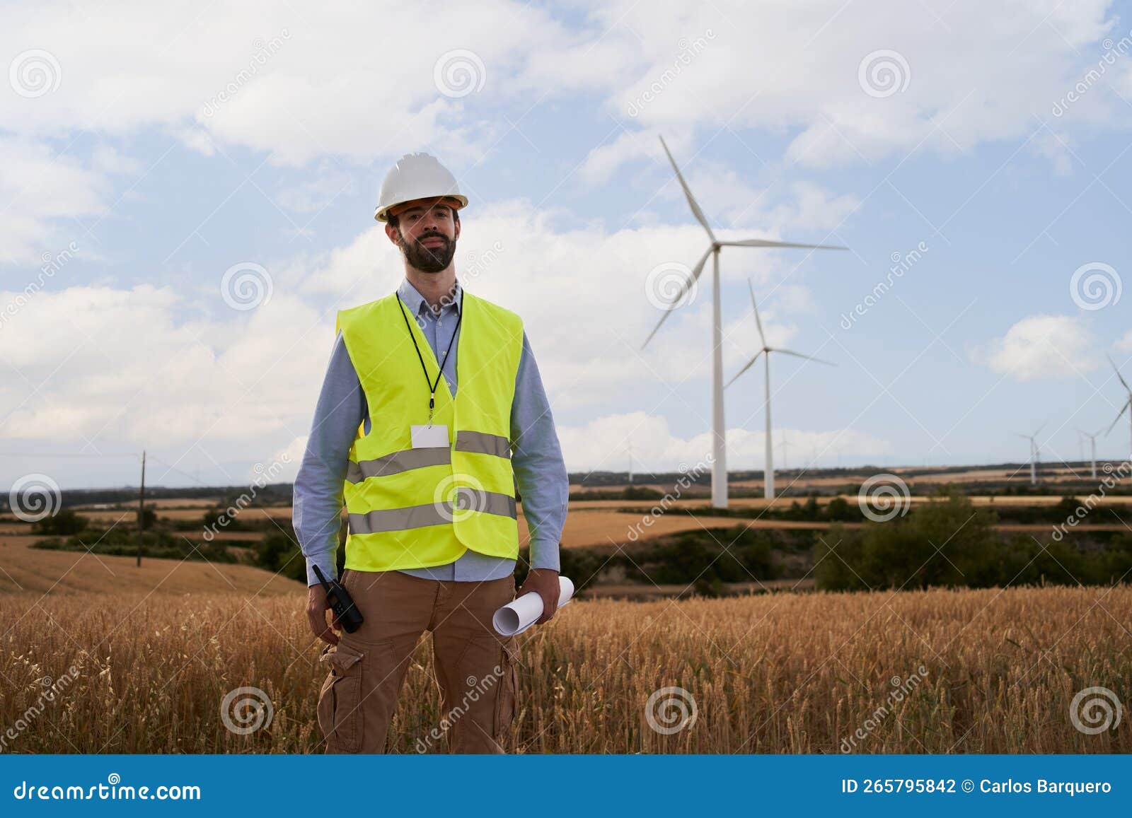 Working Technical Engineer Looking at Camera Standing in a Wind Farm ...