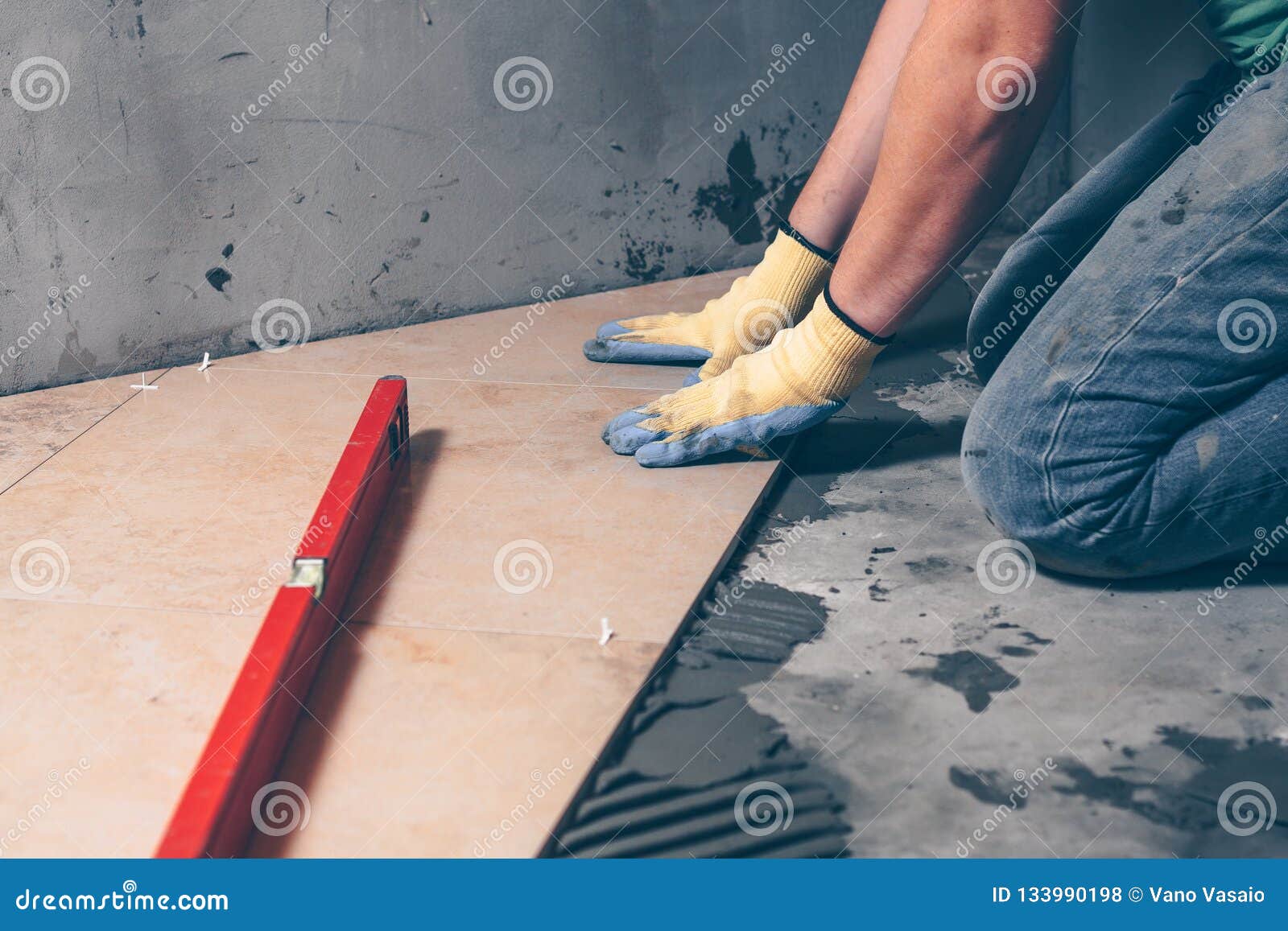 Working Tiles Lay on the Floor Stock Photo - Image of cement, install ...