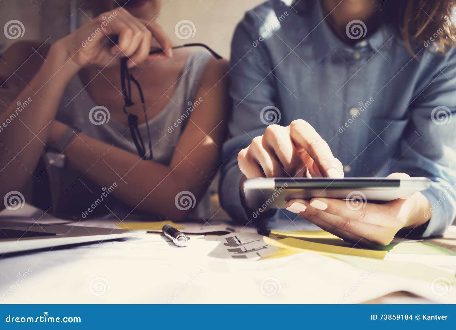 Working Time Modern Studio Loft.Girl Touching Display Digital Tablet ...