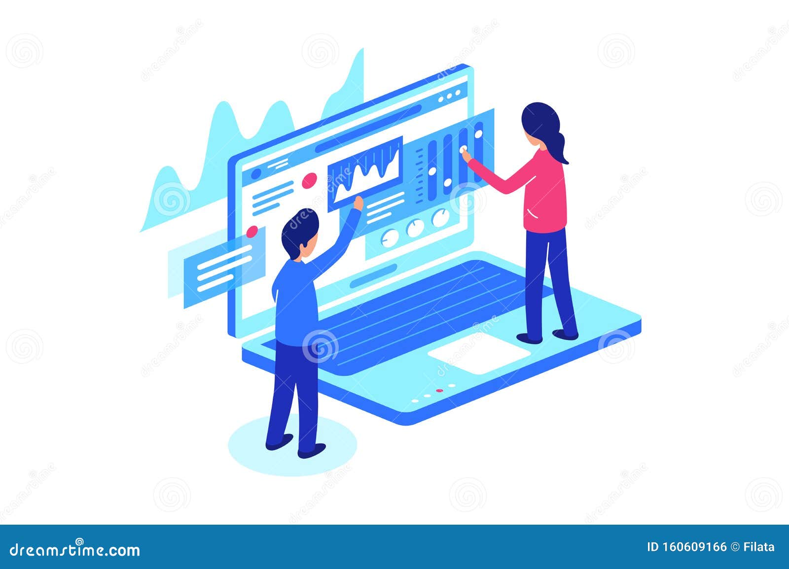 Working Together with Data on Laptops. Illustration Stock Illustration ...