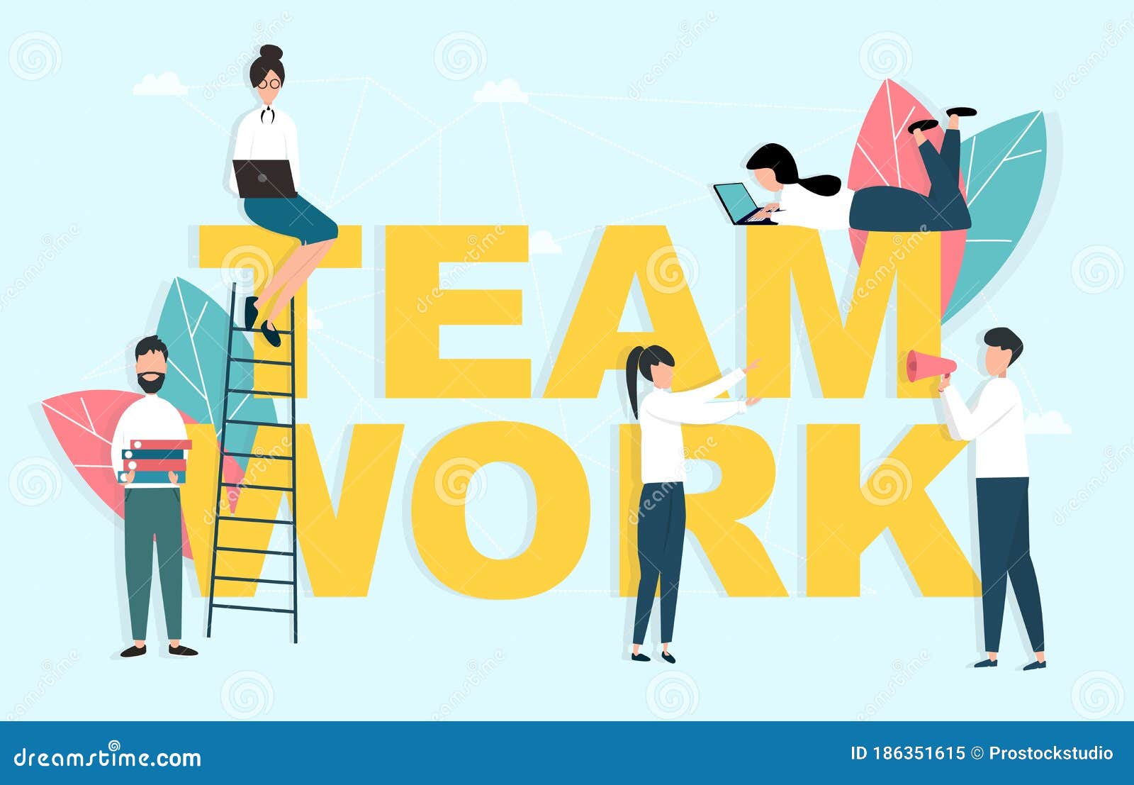 Working Together. Word TEAMWORK and Group of Office Employees on Blue ...