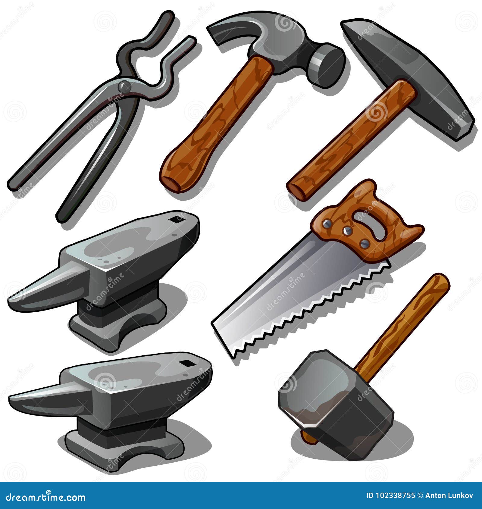 Working Tool of Blacksmith and Carpenter. Seven Icons Isolated on White ...