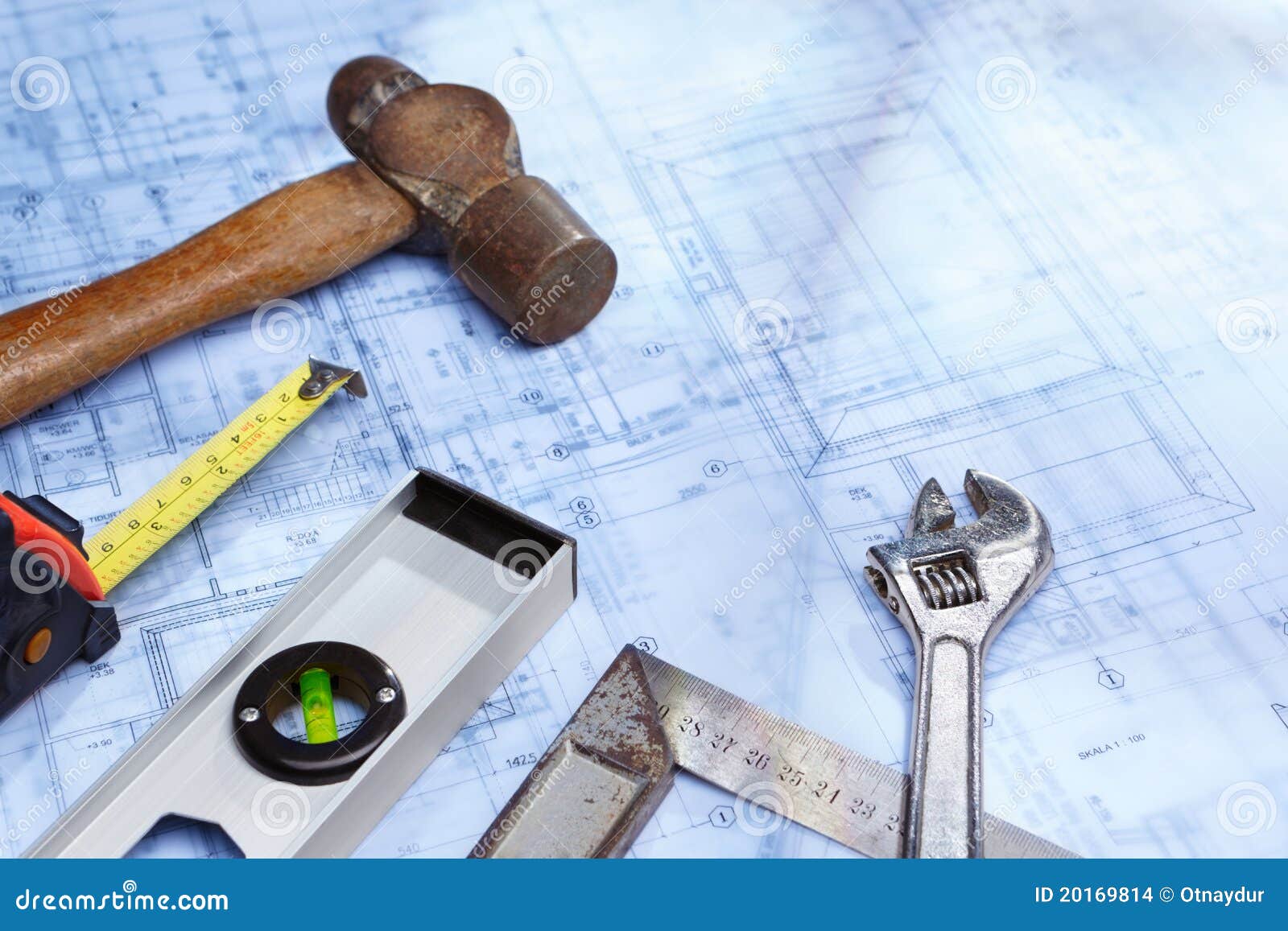 Working tool and blueprint stock photo. Image of hammer - 20169814