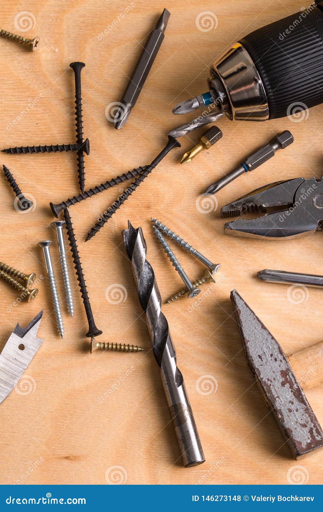 Working Tool on a Wooden Table. Set of Tools Stock Photo - Image of ...