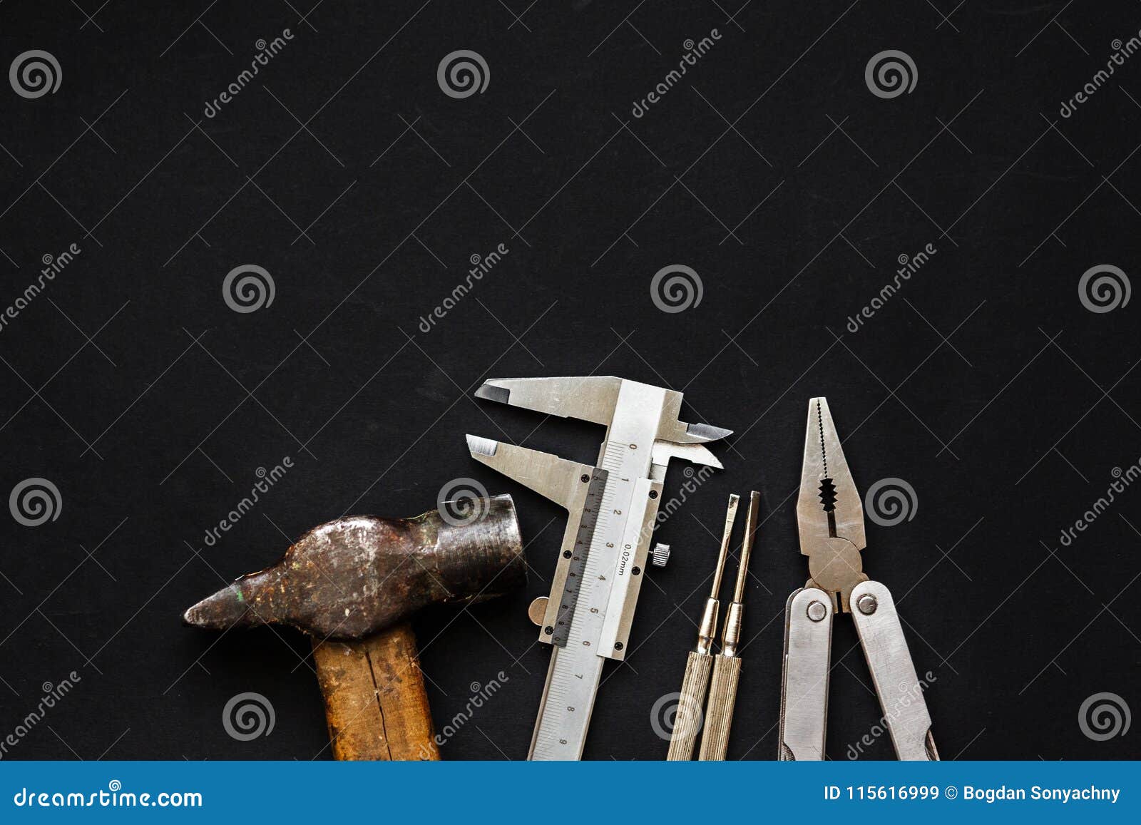 Working Tools on Black Background Top View. Tool Set and Instruments ...