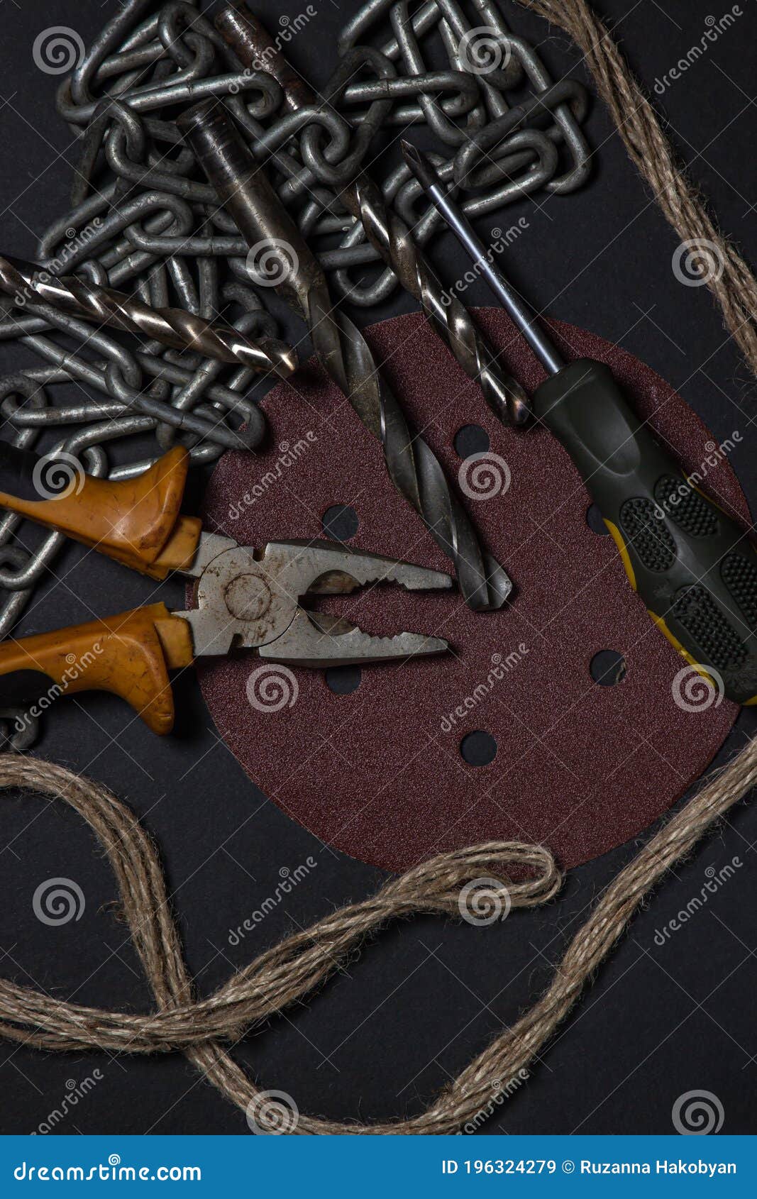 Working Tools on a Black Background. Used and Dirty Work Tools for Home ...