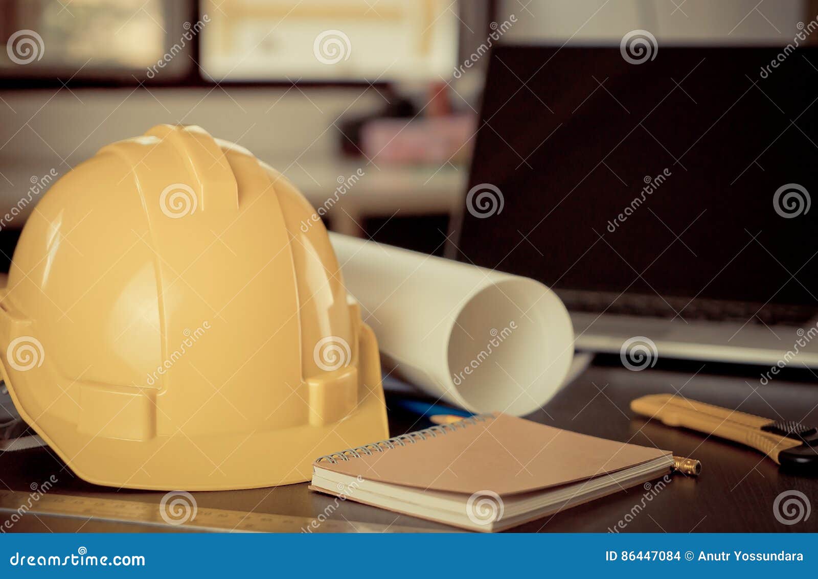 Working Tools Engineer Desk with Helmet Stock Photo - Image of tools ...