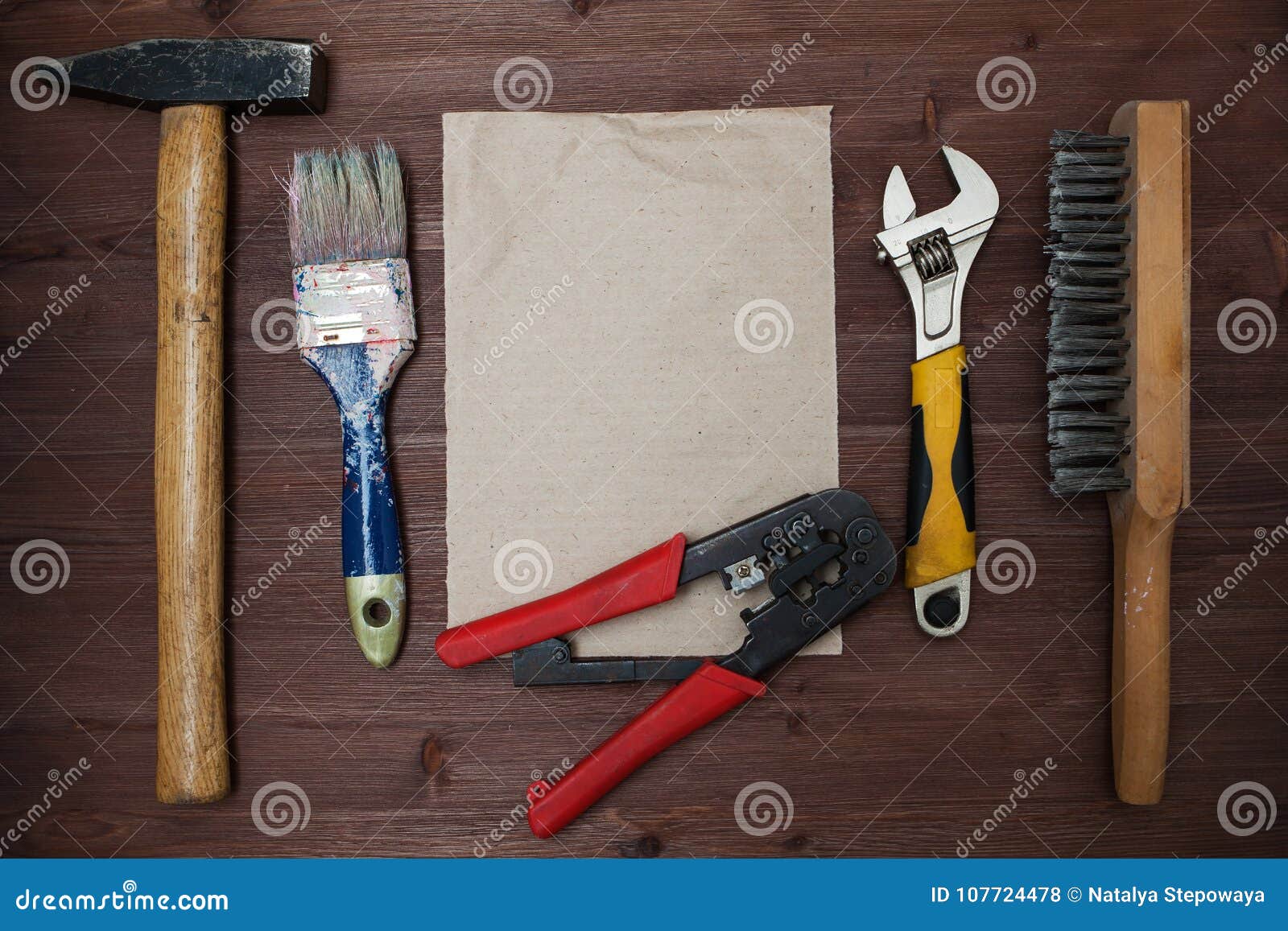 Working Tools Laid Out on a Wooden Background. Concept of Construction ...