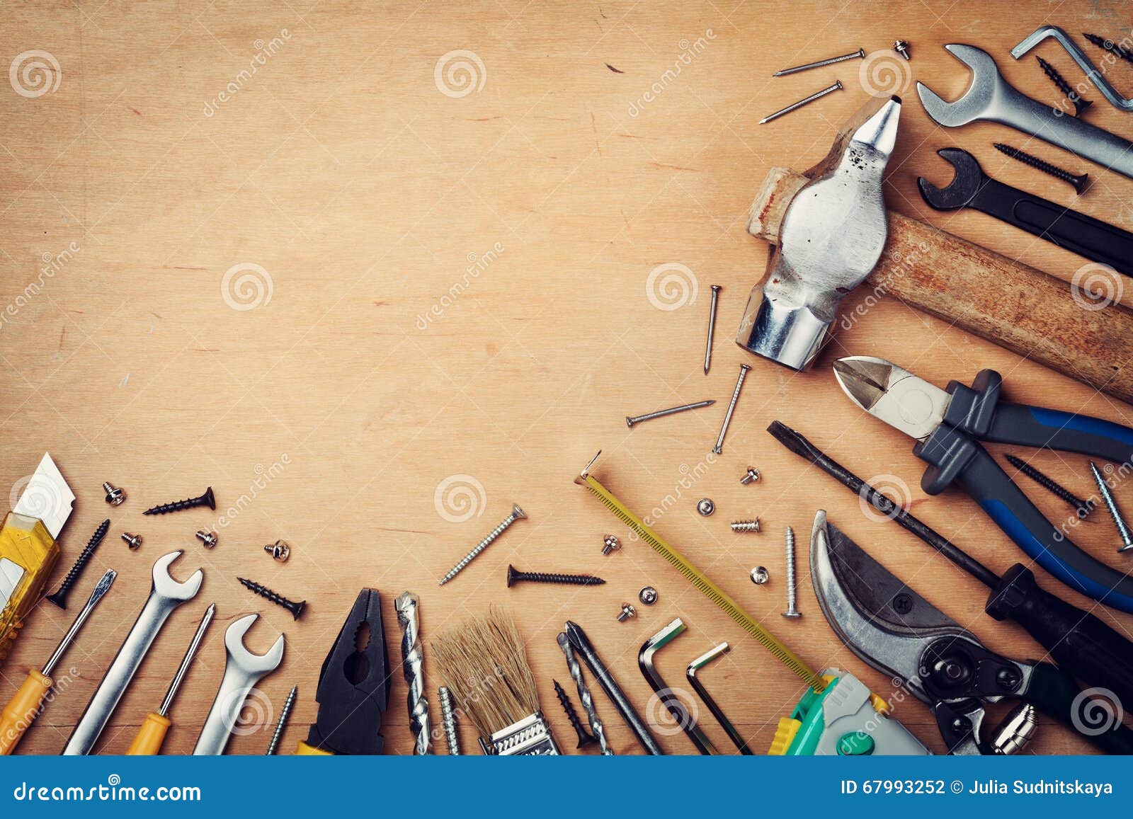 Working Tools on Wooden Rustic Background from Above Stock Photo ...