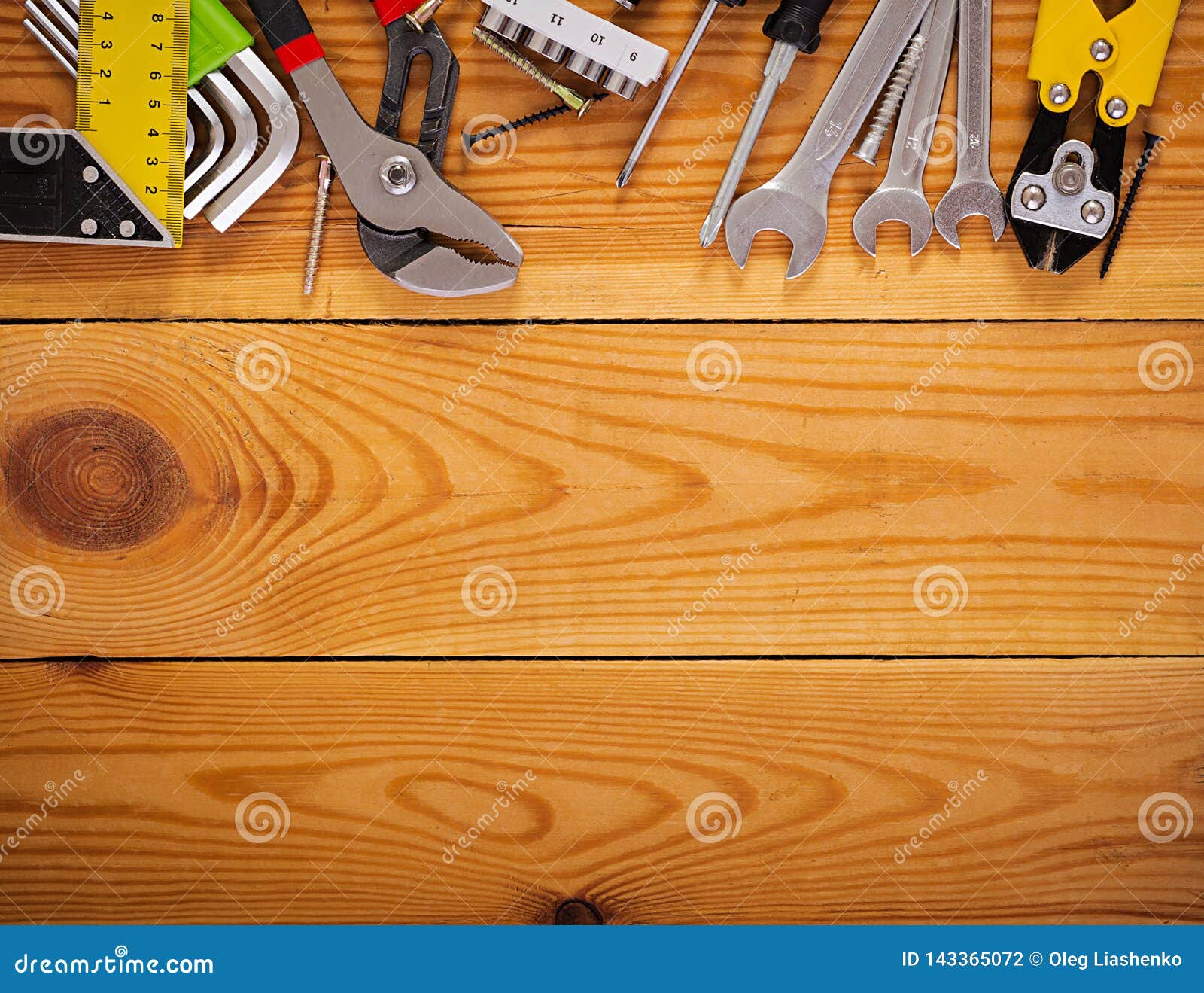 Working Tools on Wooden Rustic Background. Top View. Copy Space Stock ...