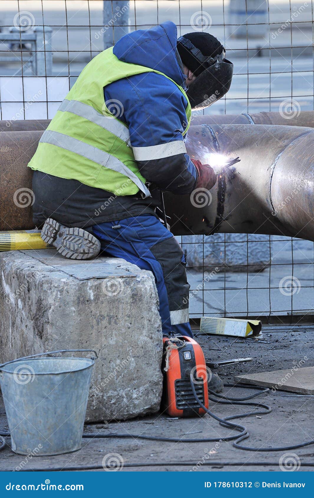 Working Welder Welds Water Pipes Stock Photo - Image of construction ...