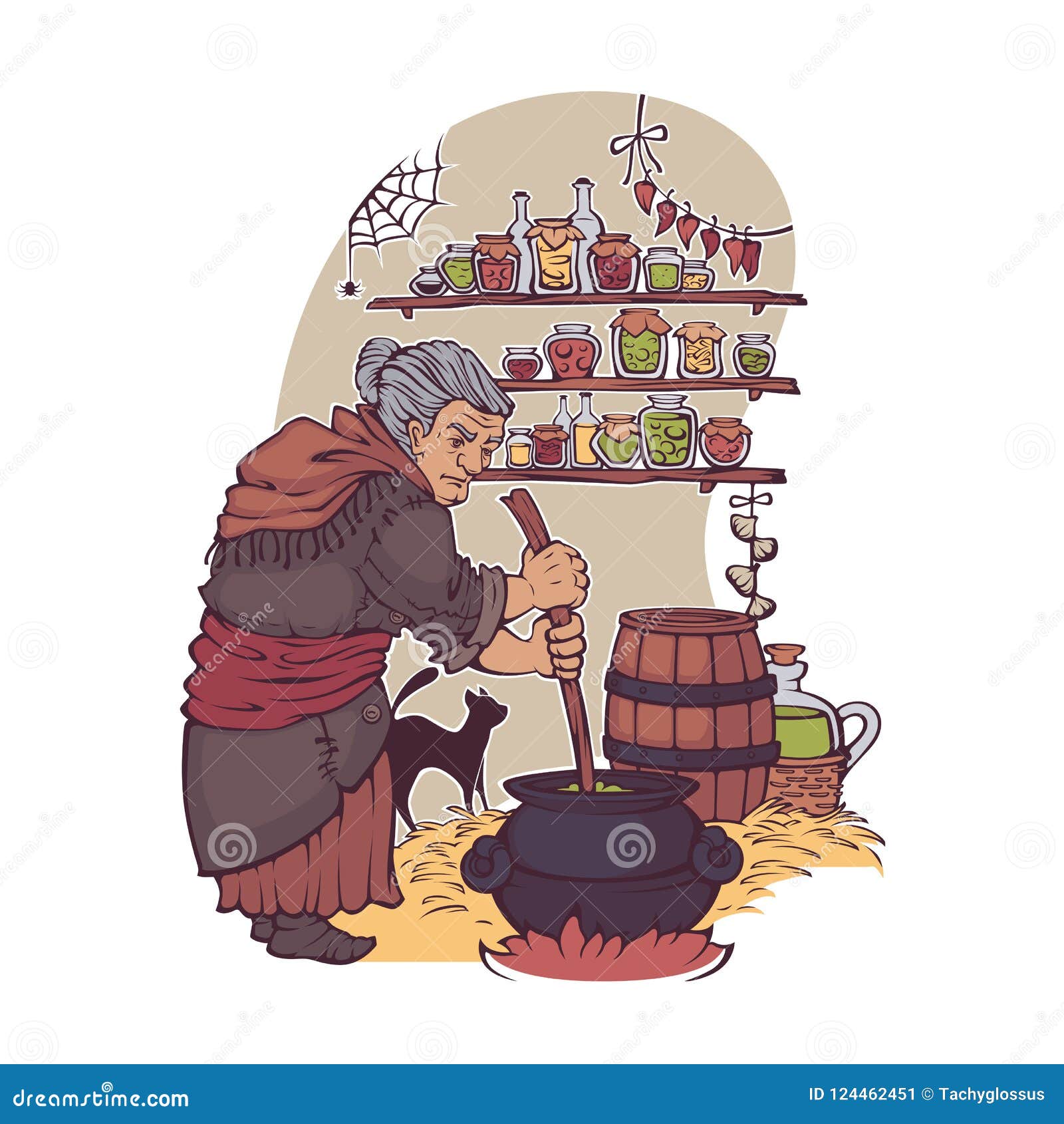 Working Witch, Old Lady Making a Magic Potion, for Your Hallowe Stock ...