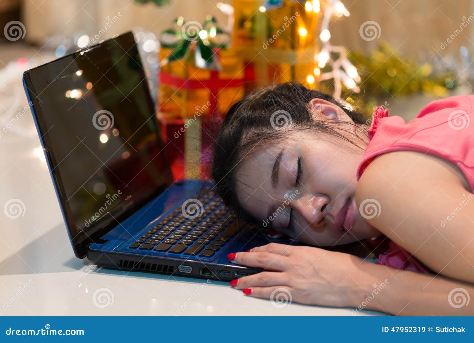 Working Women Sleep at Computer in Home Stock Image - Image of close ...
