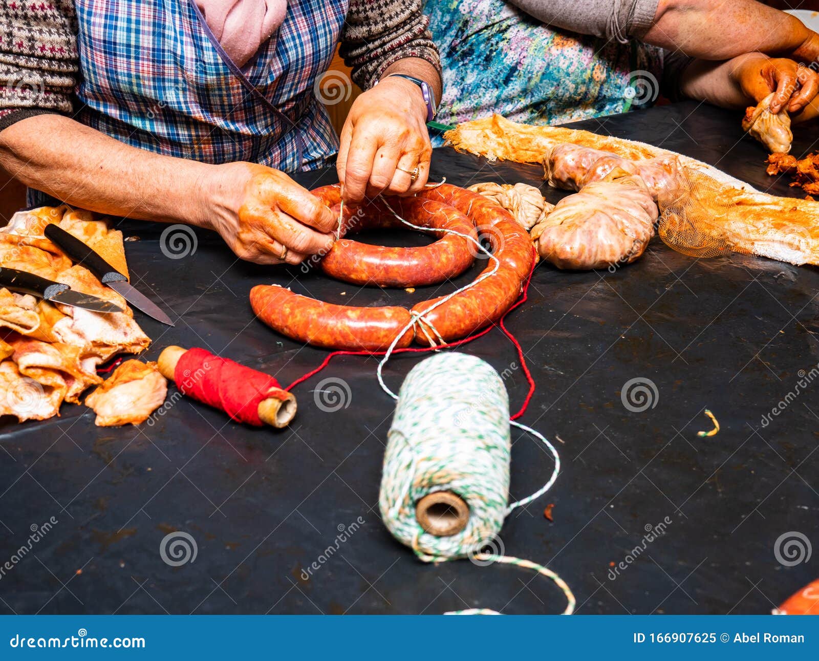 Working Women Tying Red String Sausages with Rope Stock Image - Image ...