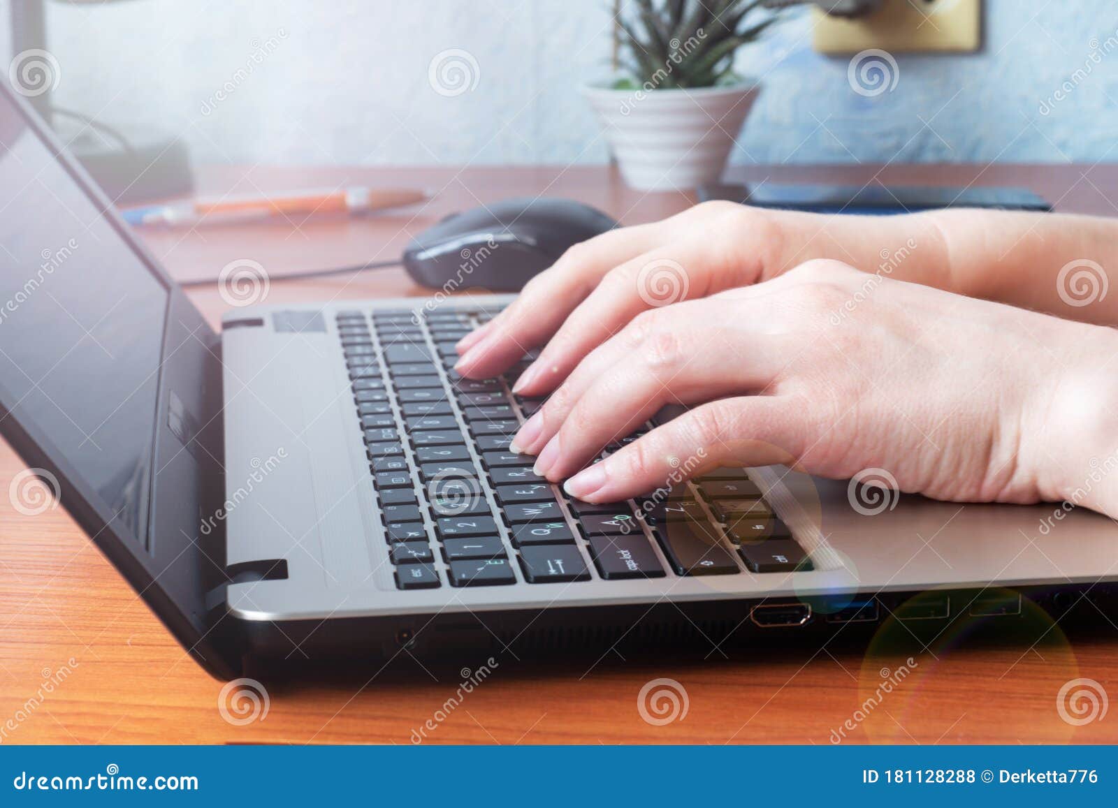 Working Wooden Table at Home or in the Office. Woman Working at ...