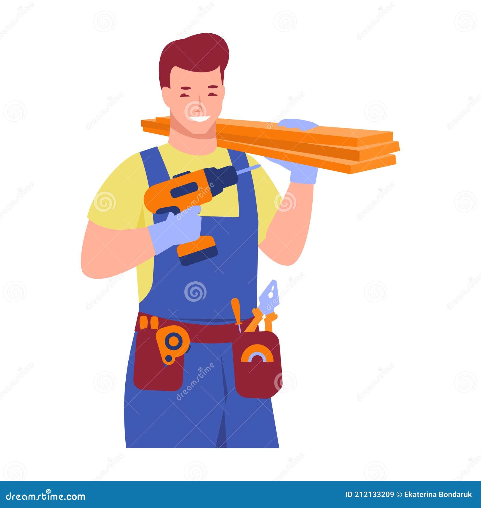 Workinga Carpenter Builder with Drill and Boards . Vector Illustration ...