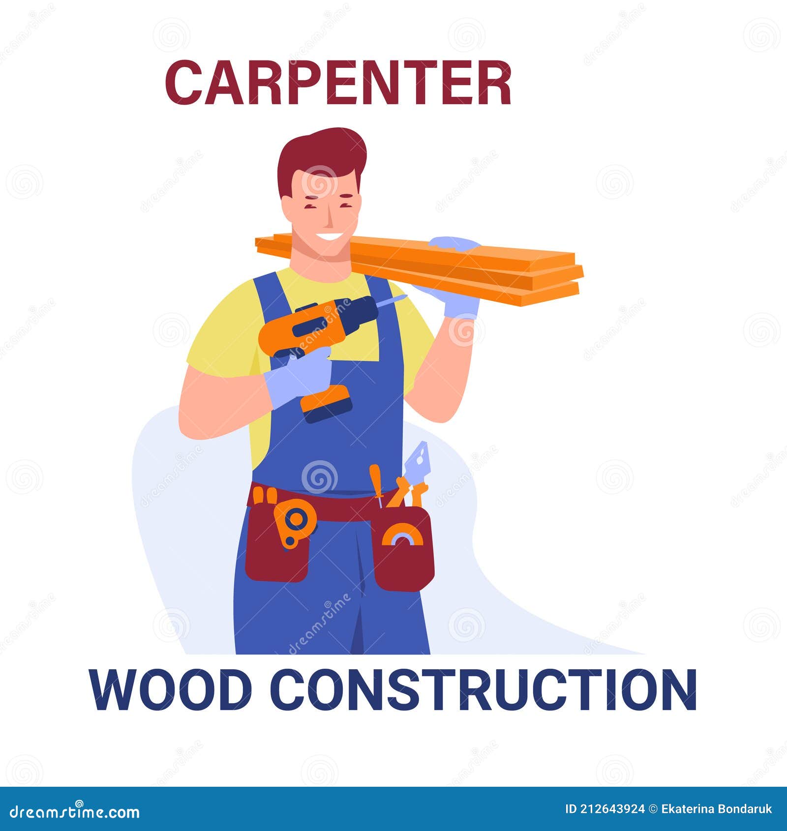 Workinga Carpenter Builder With Drill And Boards . Vector Illustration ...