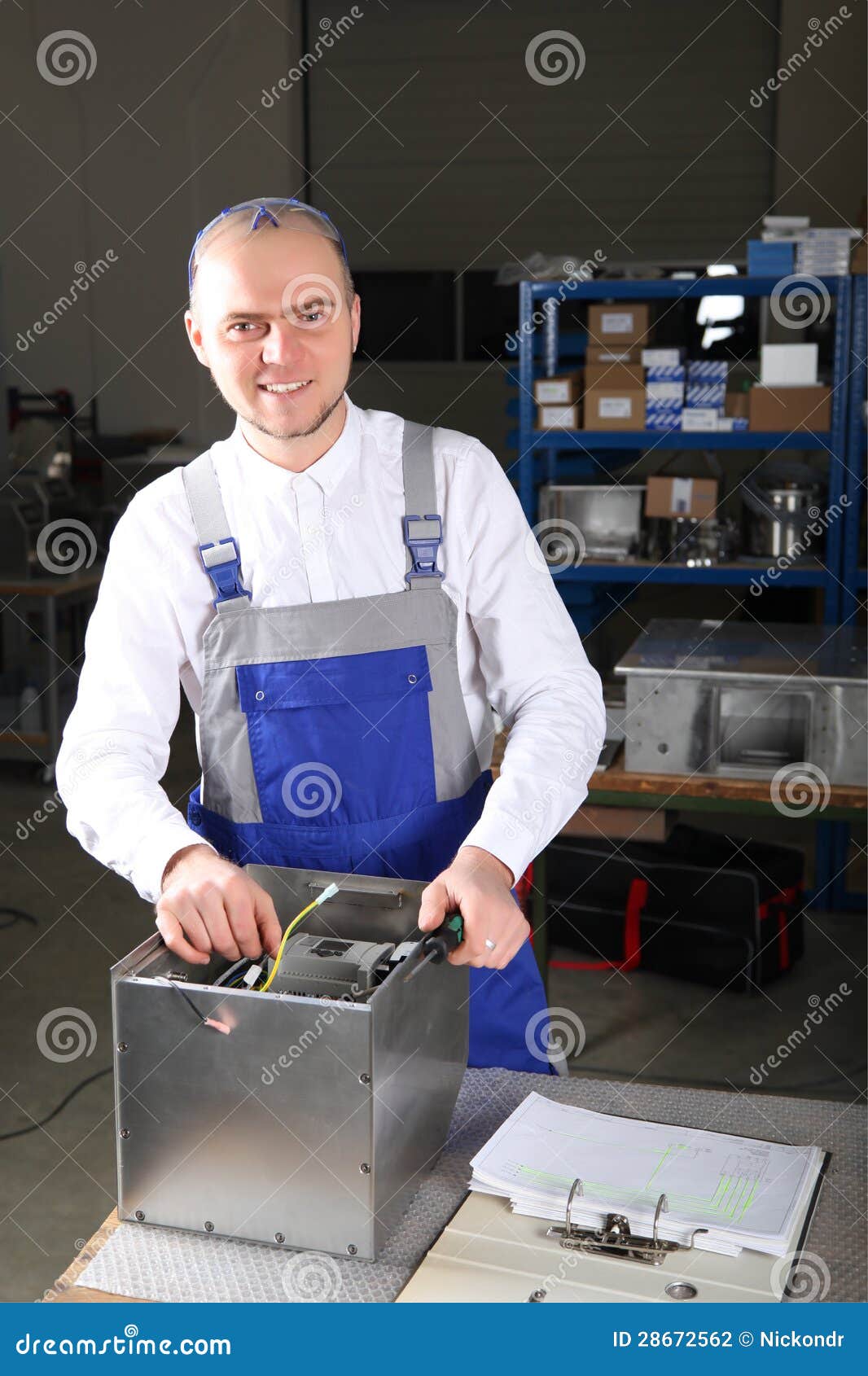 Workman in blue overalls stock photo. Image of industry - 28672562