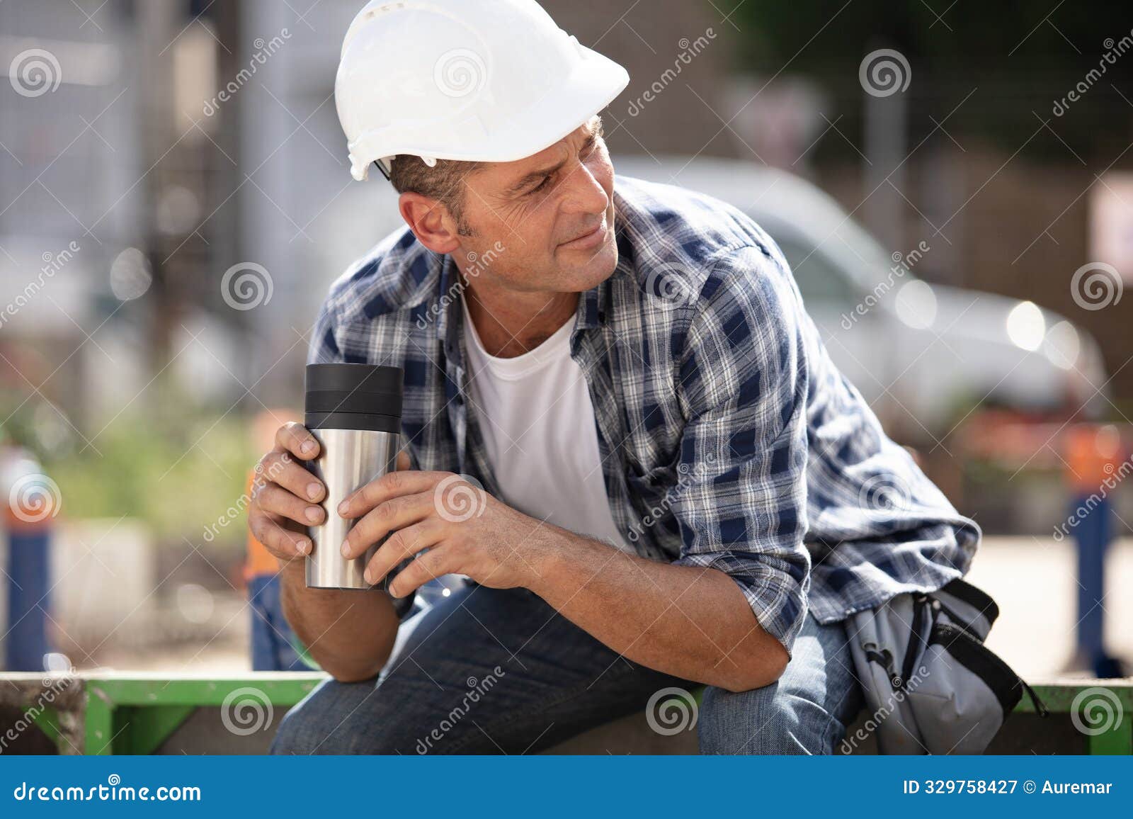 Workman on Break Drinking from Insulated Cup Stock Image - Image of ...