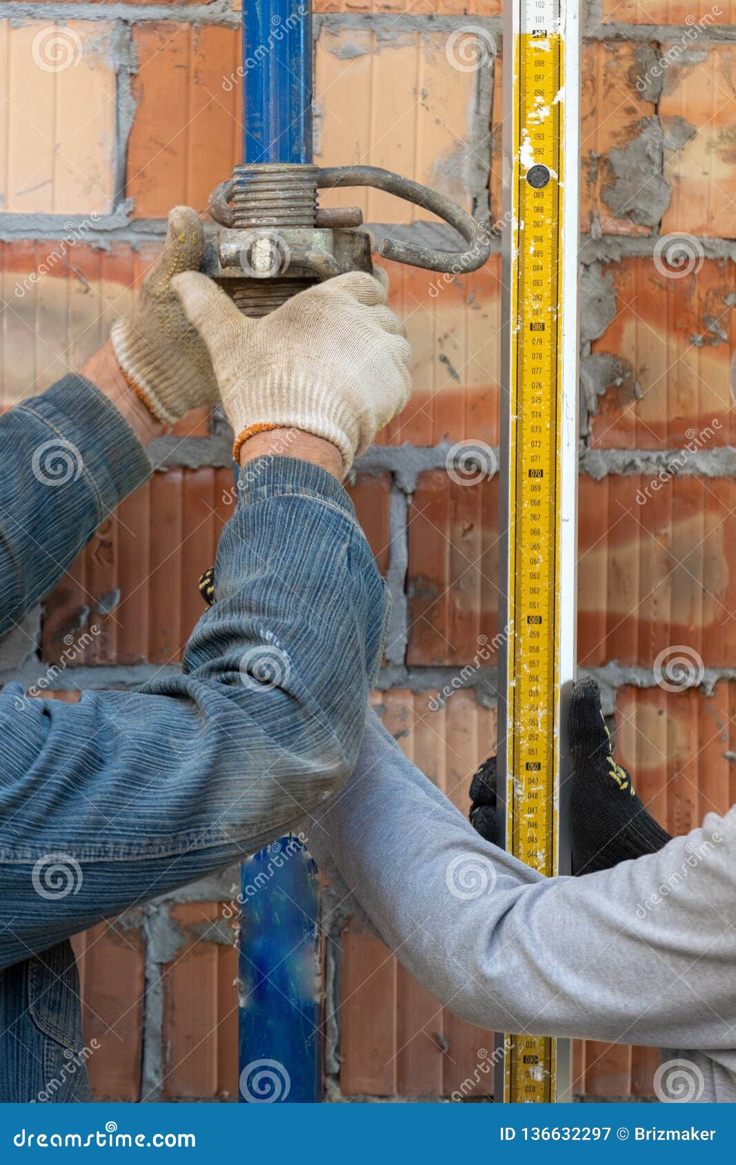 Workman Change High of Support Pipe Using Special Ruler Stock Image ...