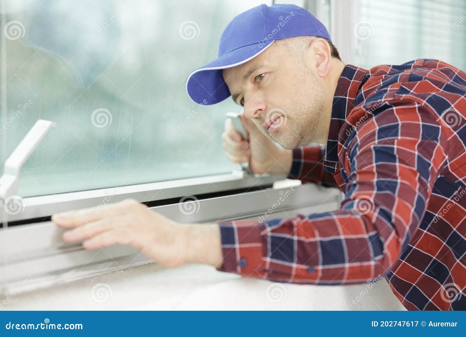 Workman Checking Aluminium Window Frame Stock Image - Image of foreman ...