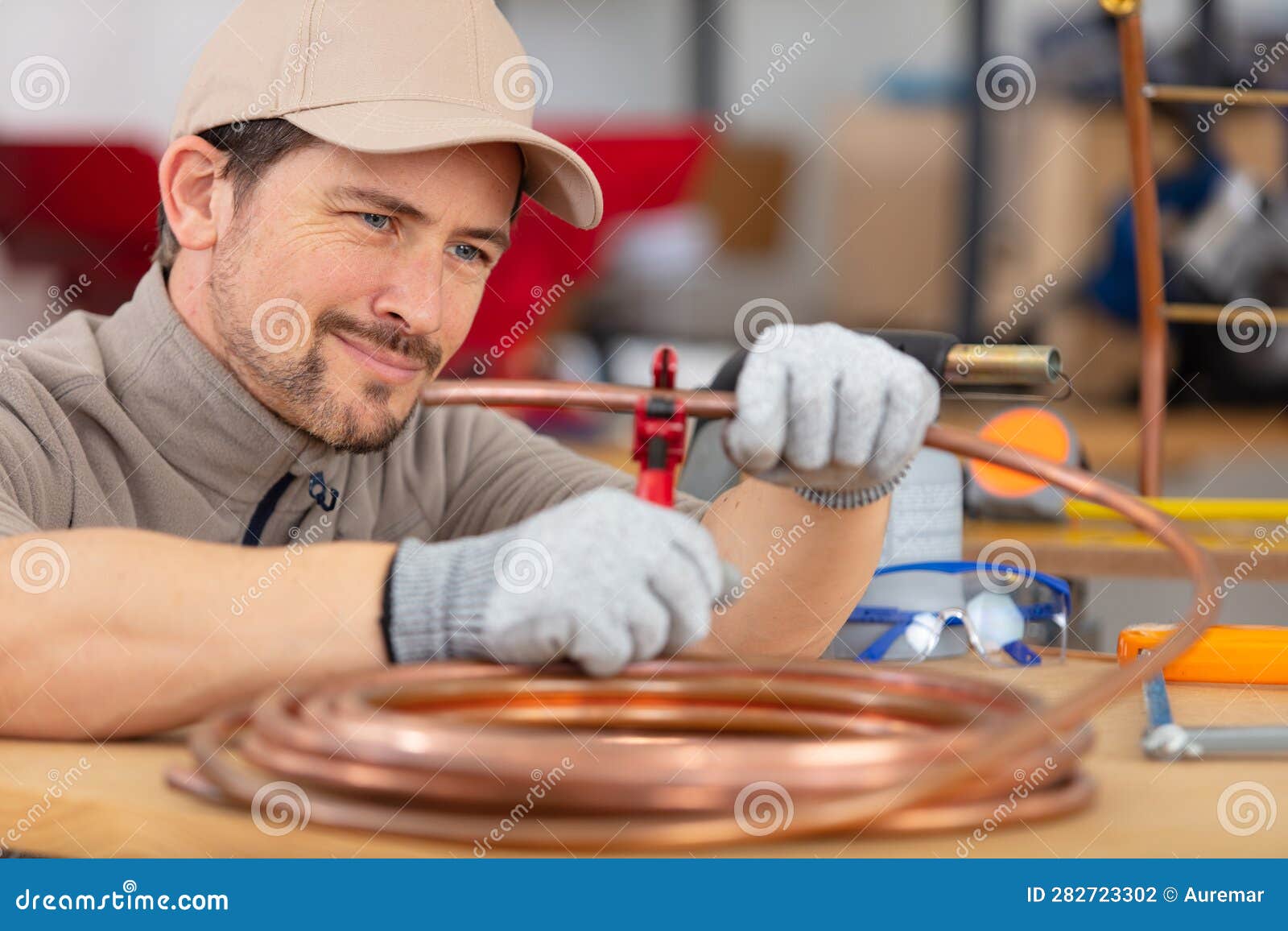 Workman Cutting Cooper in Workshop Stock Photo - Image of cable ...
