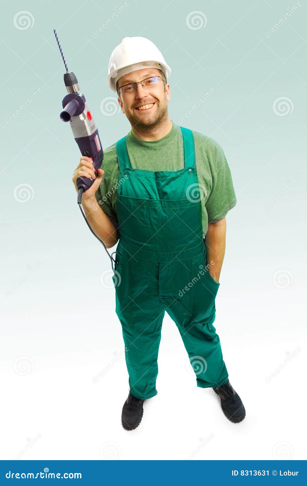 Workman in Helmet with Drill Stock Image - Image of person, background ...