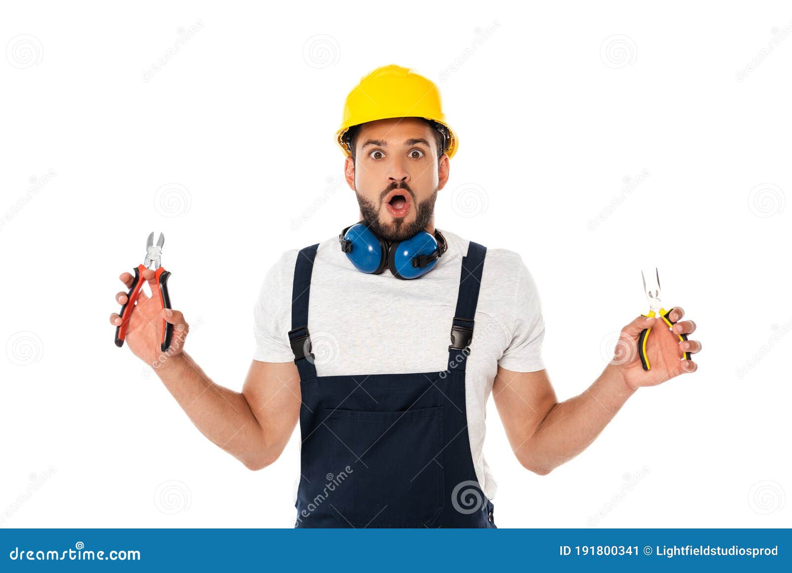 Workman Holding Pliers and Looking at Camera Isolated on White Stock ...