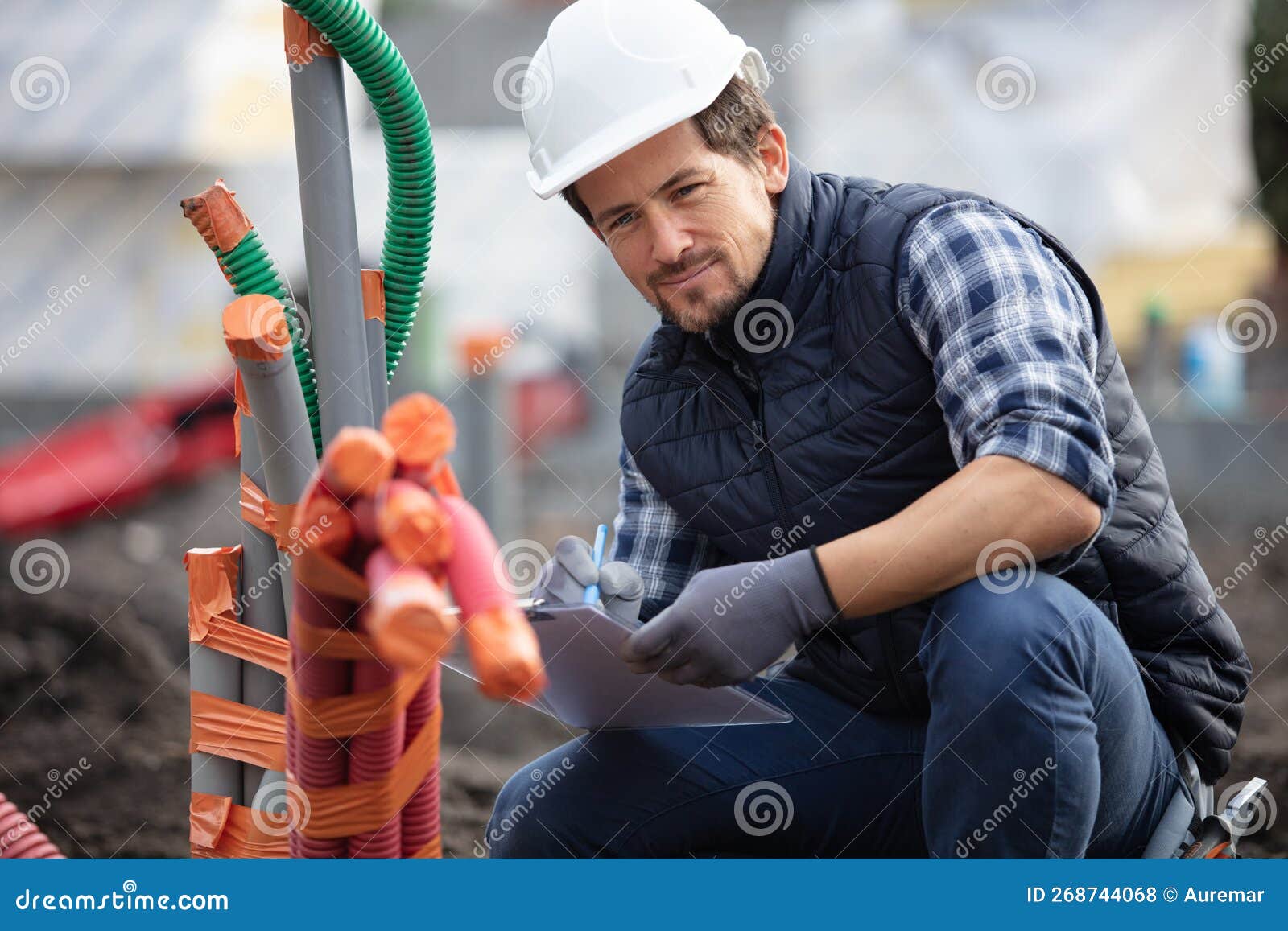 Workman Inspecting Pipe Conduits on Site Stock Photo - Image of install ...