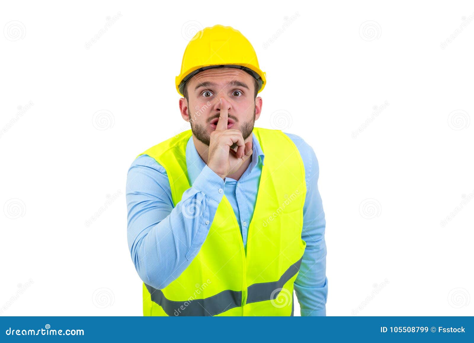 Workman Making Silence Gesture Over Isolated White Background Stock ...