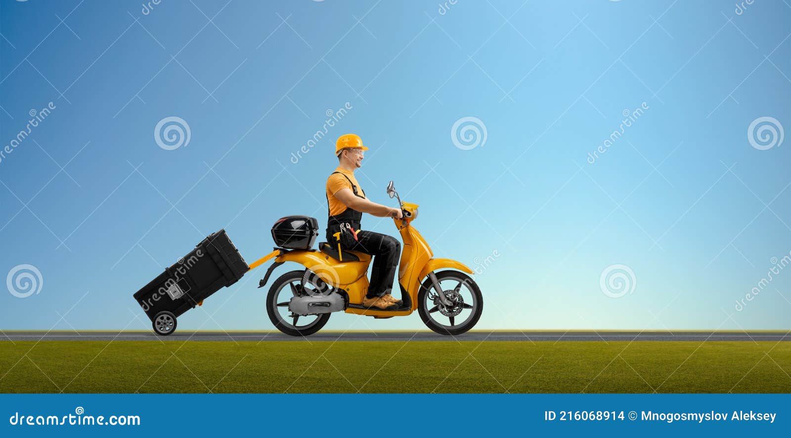 Workman on Motor Scooter Bring Tool-box with Construction Tools Stock ...