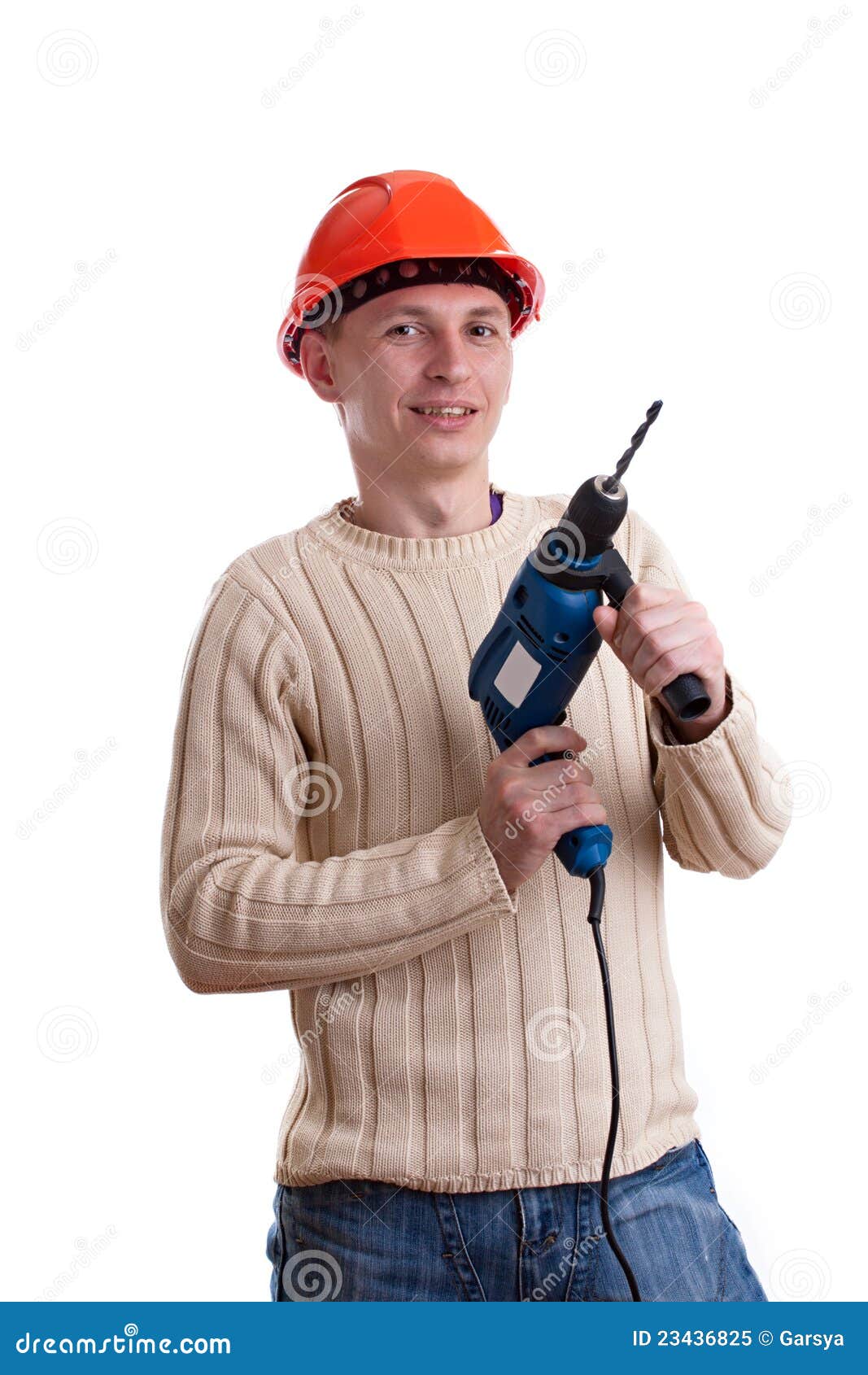 Workman in red helmet stock image. Image of blue, engineer - 23436825