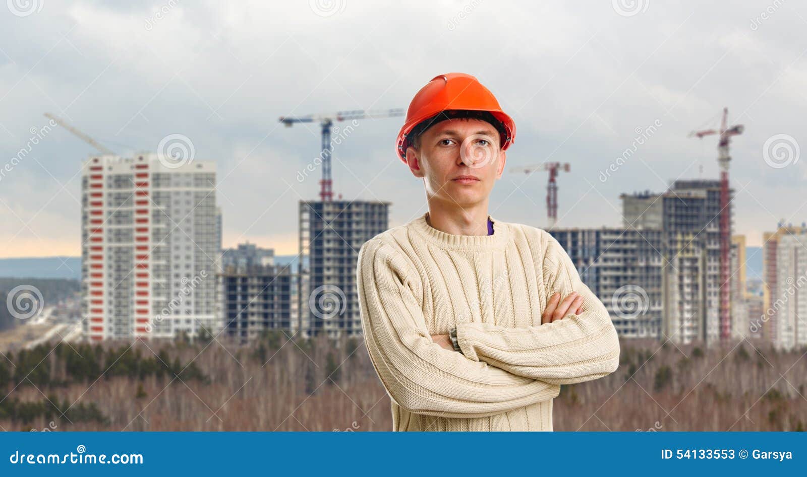Workman in Red Helmet on Background of Buildings Stock Image - Image of ...