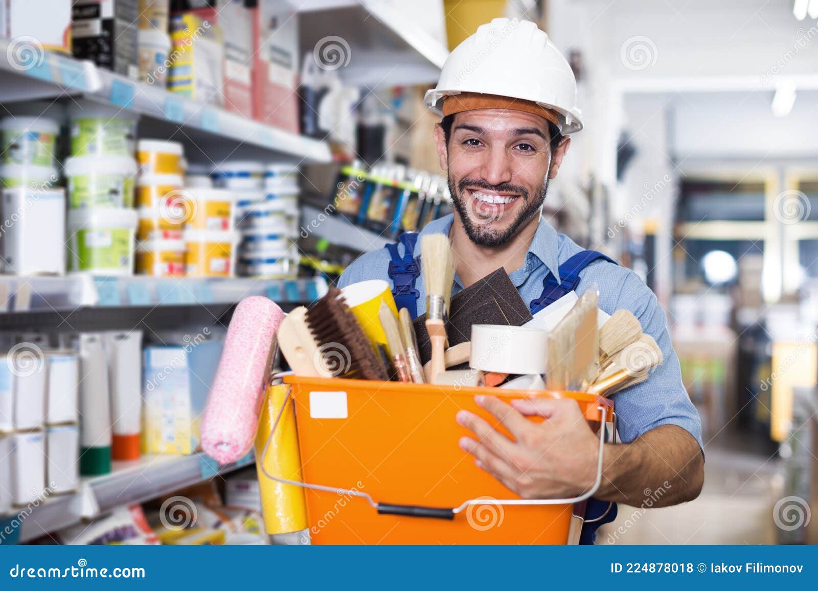 Workman with Tools in Hands Satisfied in Shop Stock Photo - Image of ...