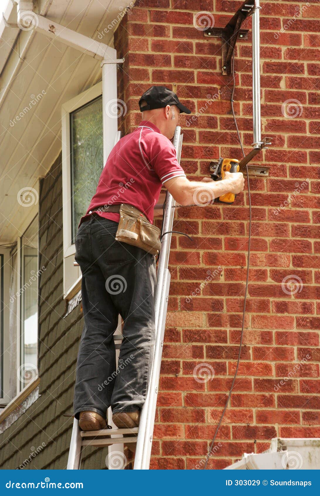 Workman up ladder stock image. Image of drainpipe, pressure - 303029