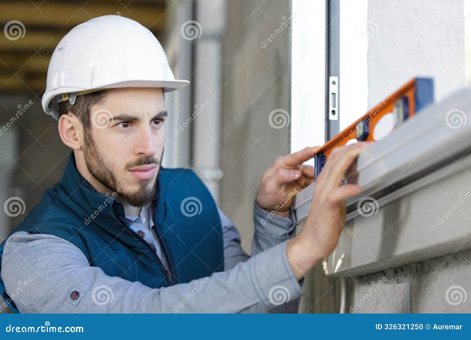 Workman Using Special Tool and Checking Level Window-frame Stock Photo ...