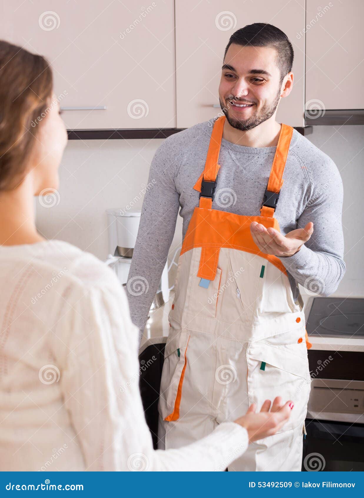 Workman visiting customer stock image. Image of handyman - 53492509