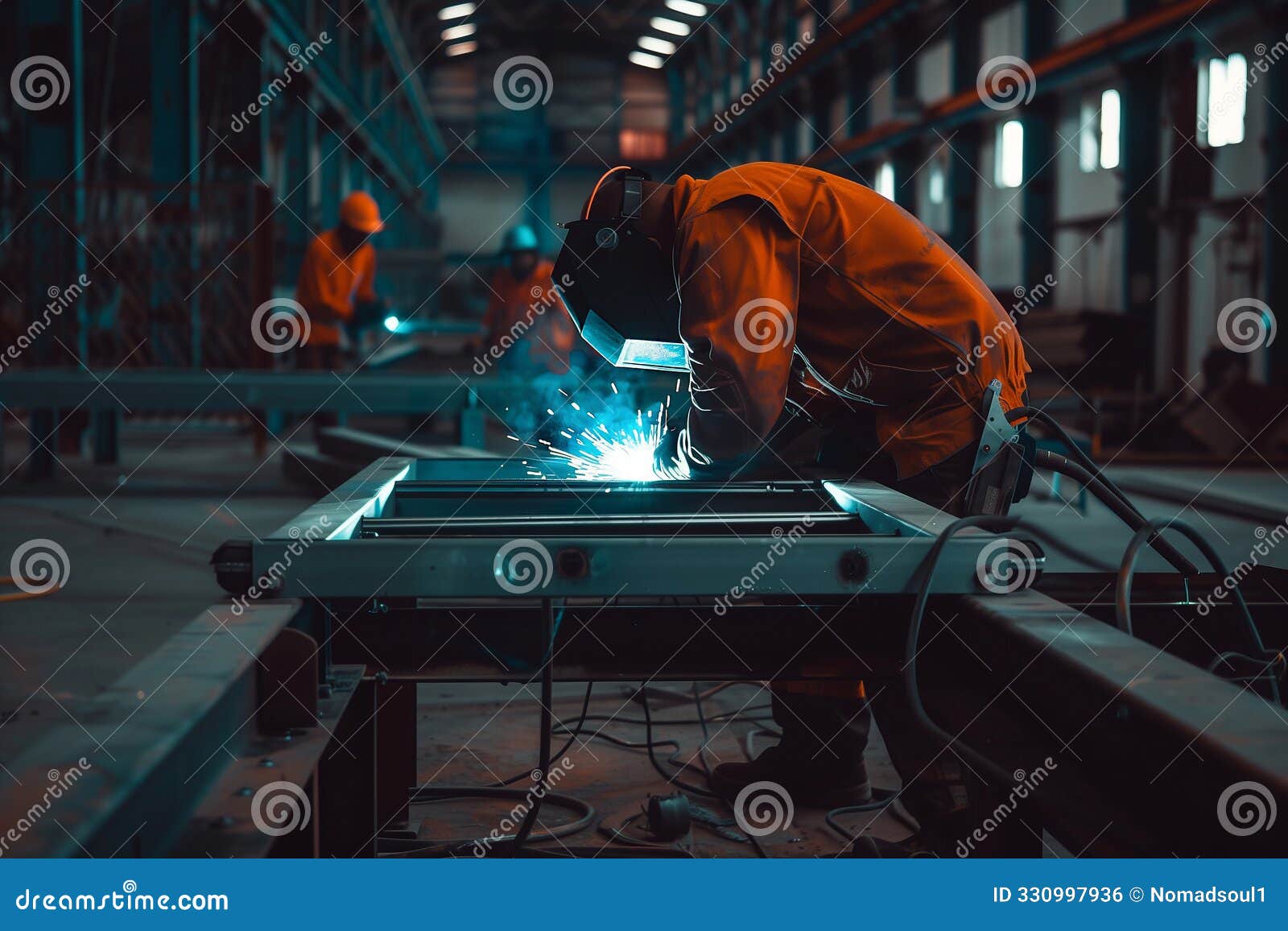 Workmen Welding Metal Frames in a Workshop, Industrial Workshop ...