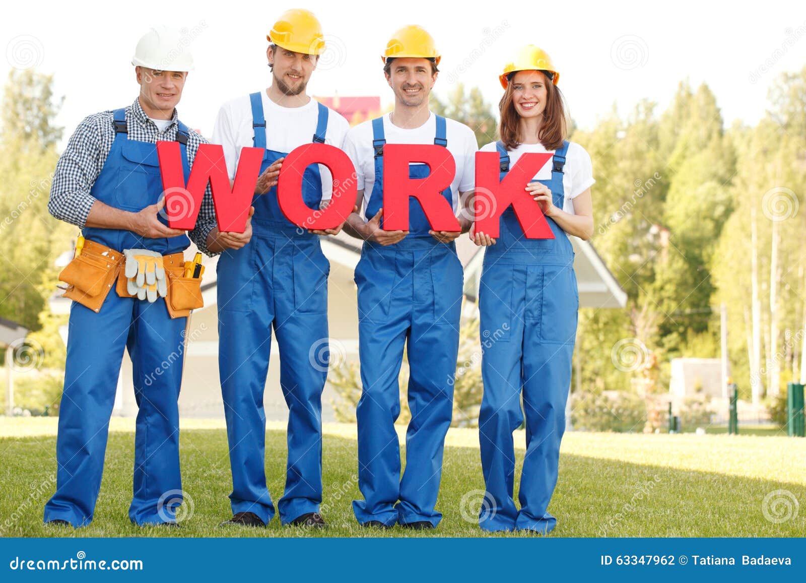 Workmen with word work stock photo. Image of contractor - 63347962