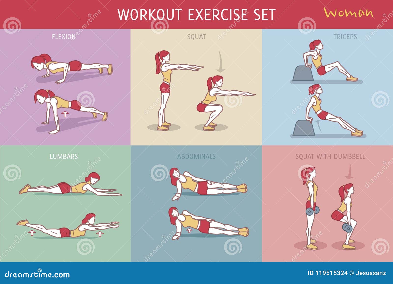 Workout Exercise Set Woman stock illustration. Illustration of aerobics ...