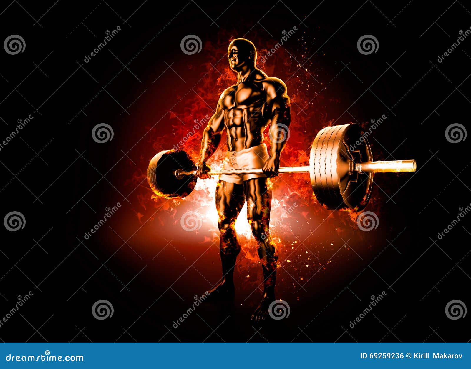 Workout with Flaming Barbell. 3D Illustration Stock Illustration ...