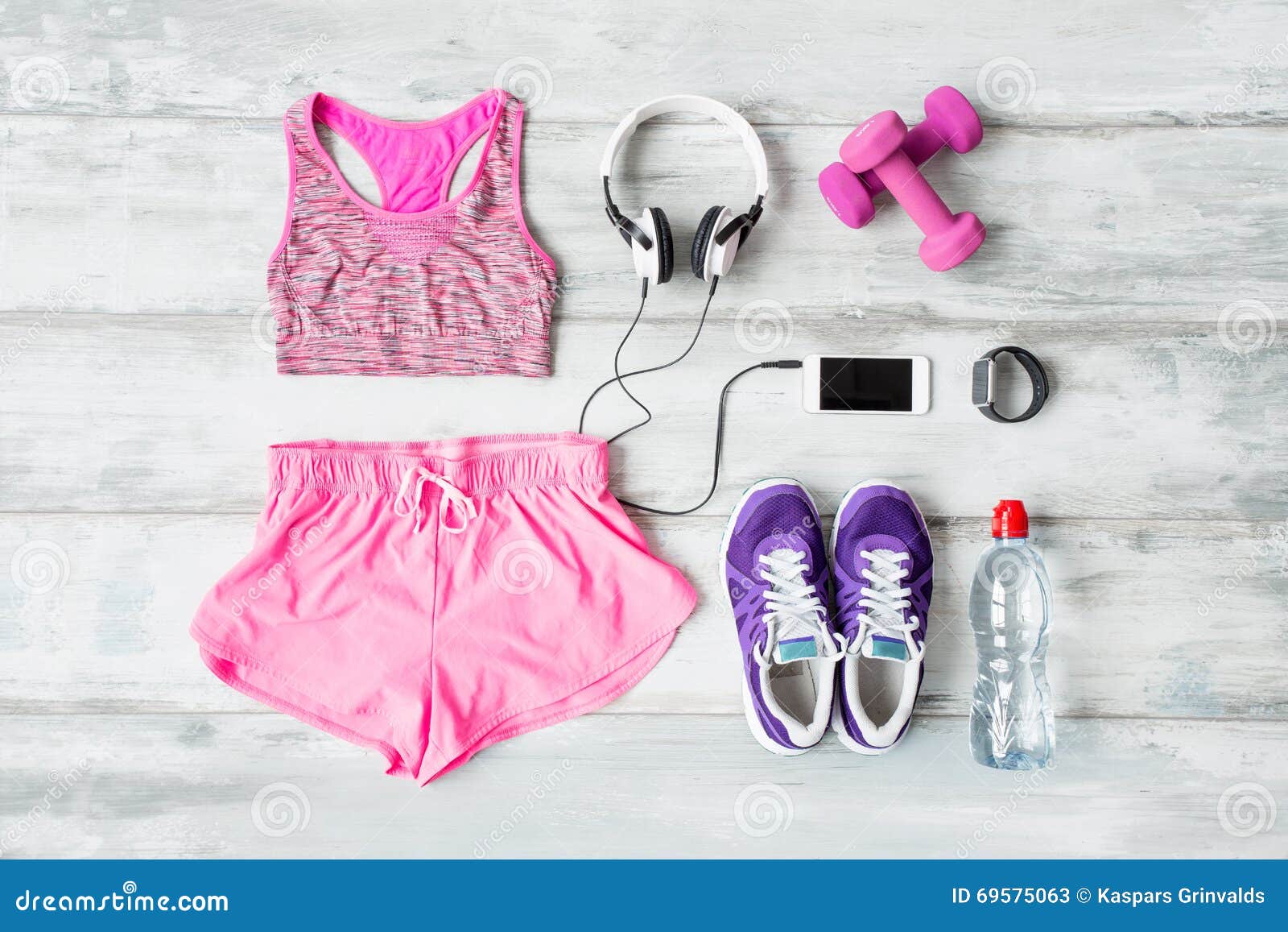 Workout Objects on the Floor Stock Image - Image of headphones, apparel ...