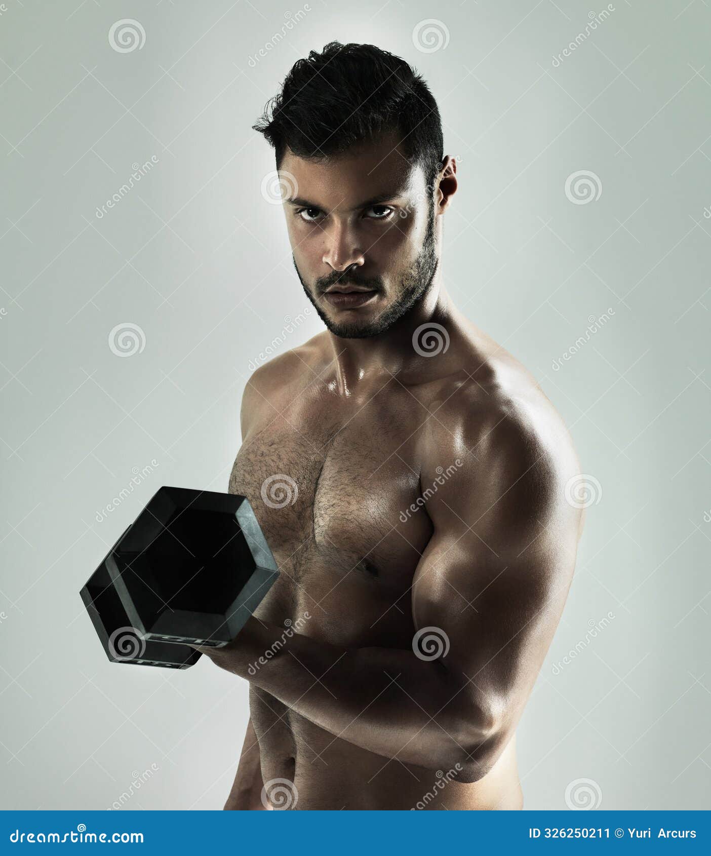 Workout, Portrait and Man with Dumbbell in Studio for Muscle ...