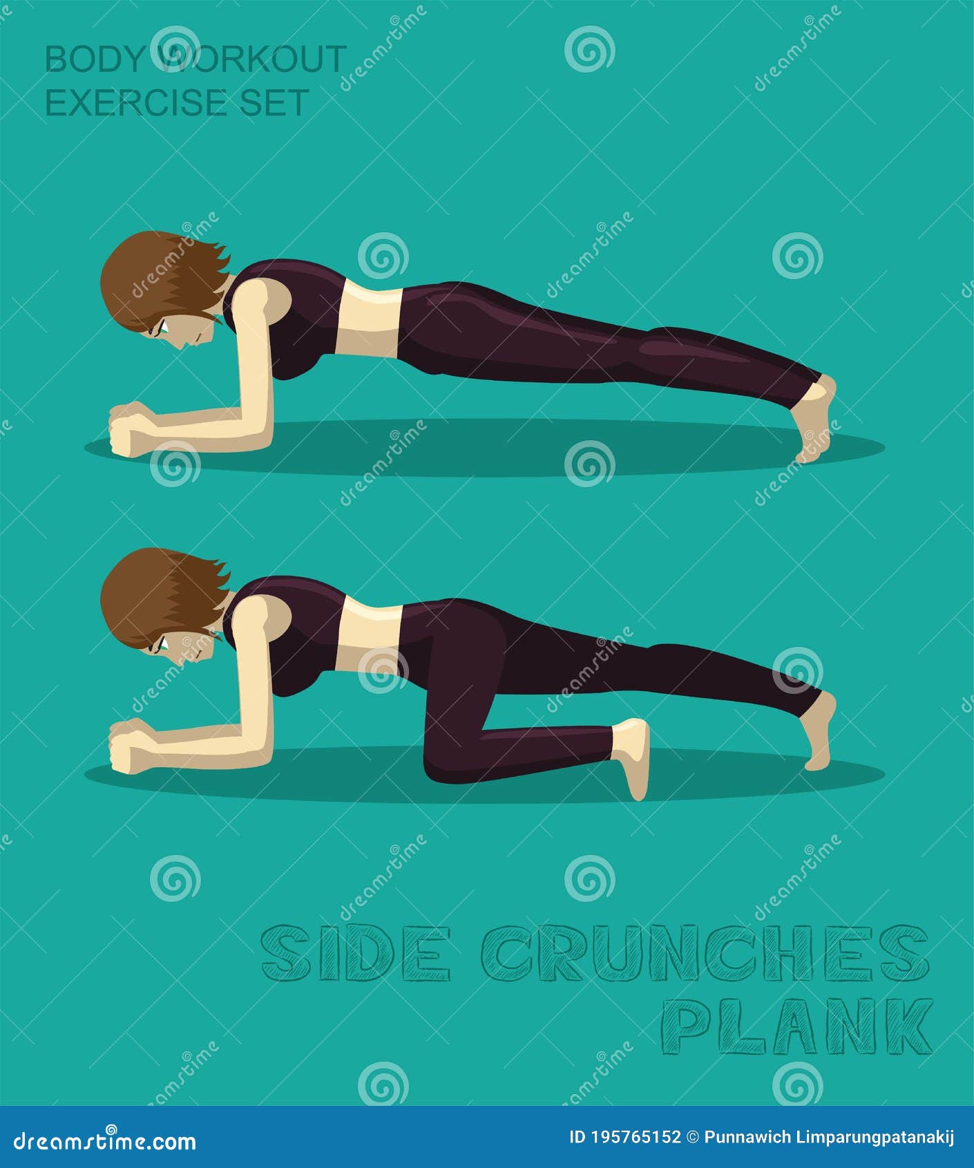 Side Crunches Plank Body Workout Exercise Set Manga Cartoon Vector ...