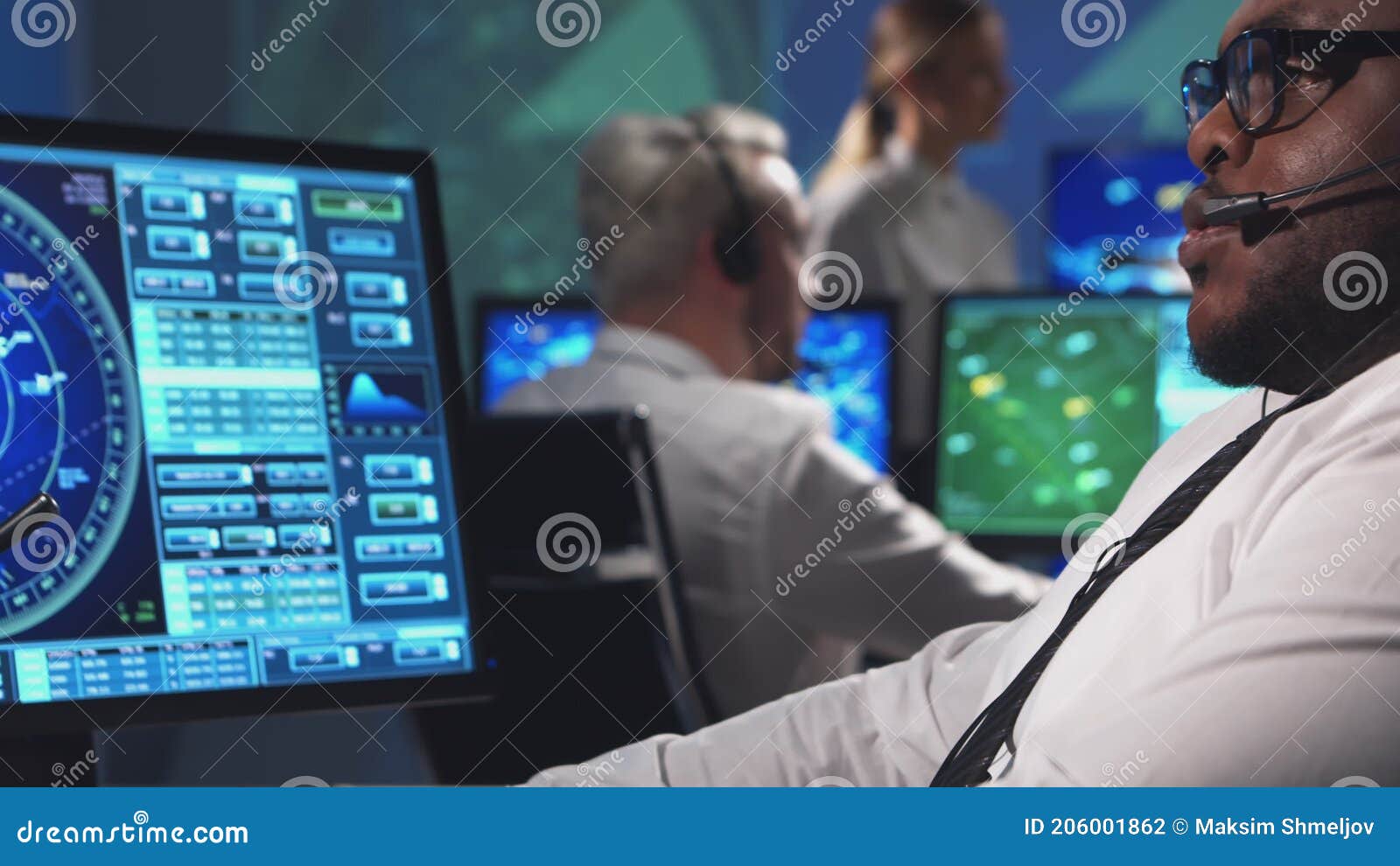 Workplace of the Air Traffic Controllers in the Control Tower. Diverse ...